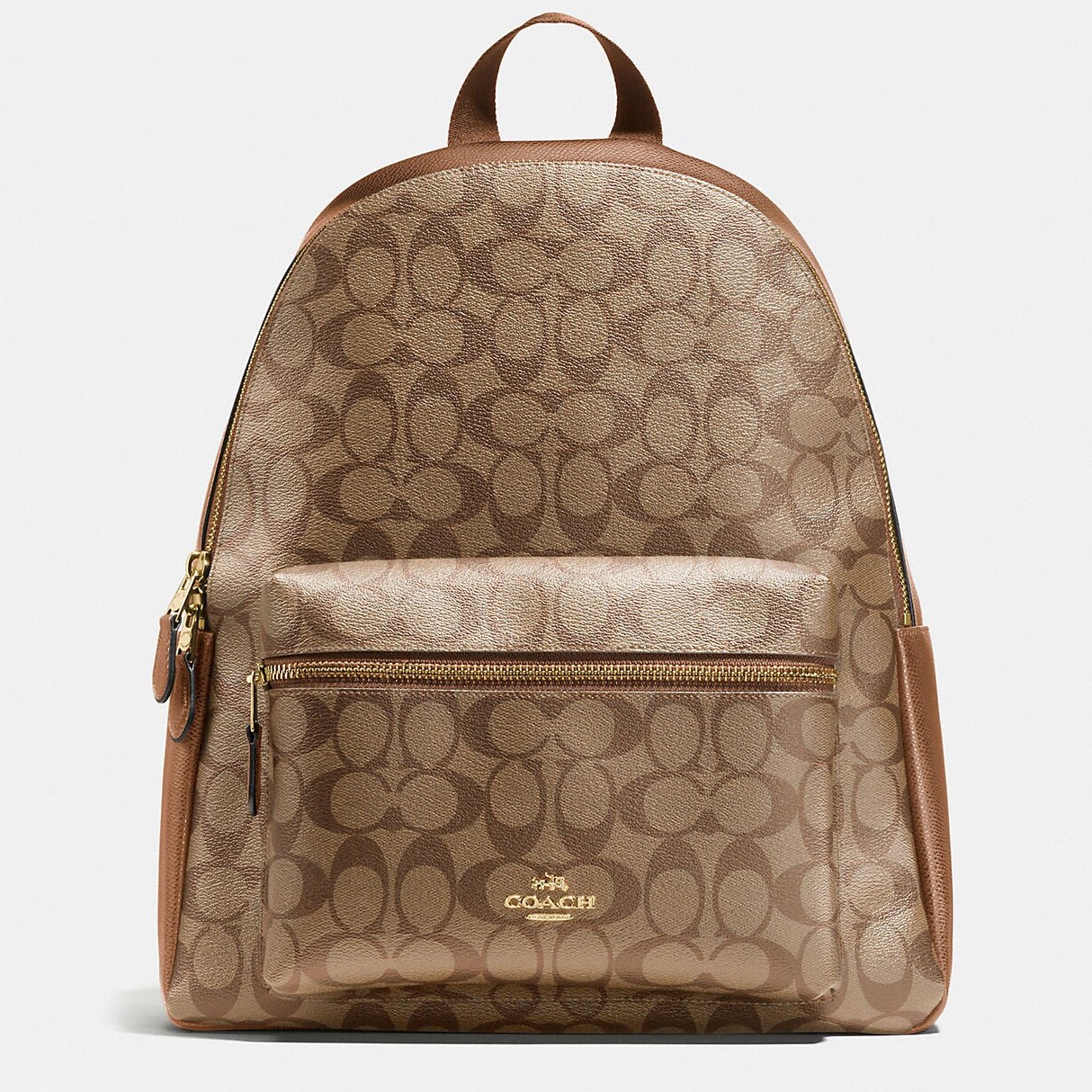 Balo Coach unisex Charlie Backpack In Signature Canvas Khaki Saddle Brown